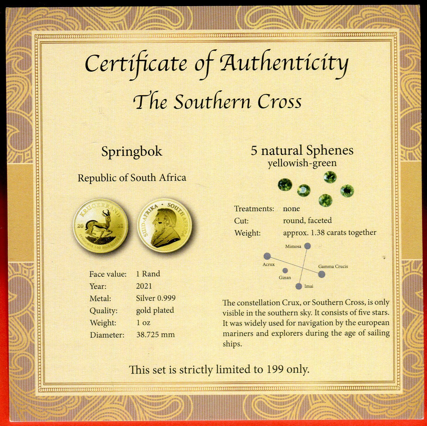 Südafrika 1 Unze Krügerrand Silber vergoldet 2021 Springbok - Das Kreuz ...