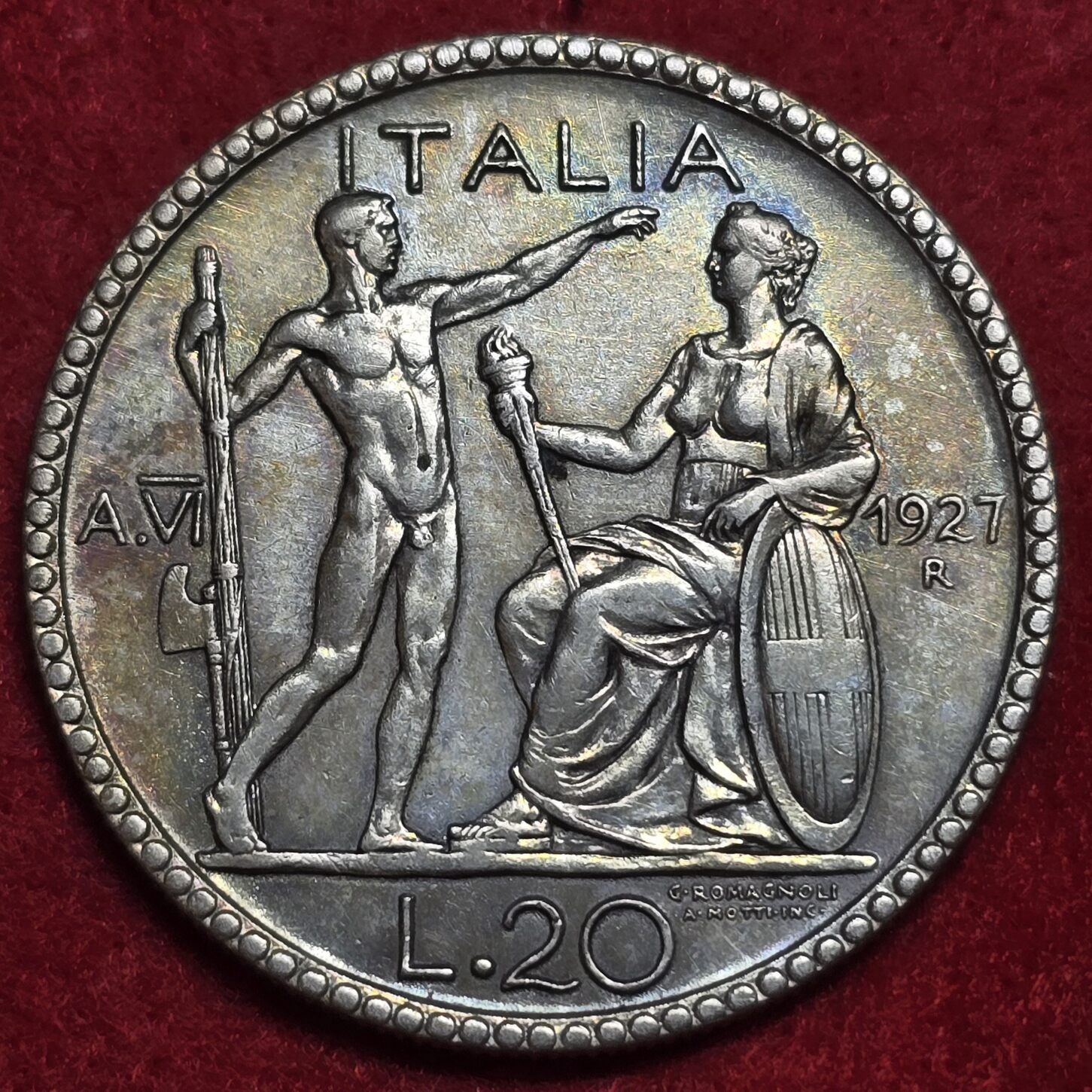 Italien Italy 20 Lire 1927 R A VI Victtorio Emanuele III. low unc toned ...