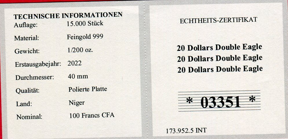 Republique du Niger 100 Francs CFA Goldmünze 1/200 Unze 2022 20 Dollars ...