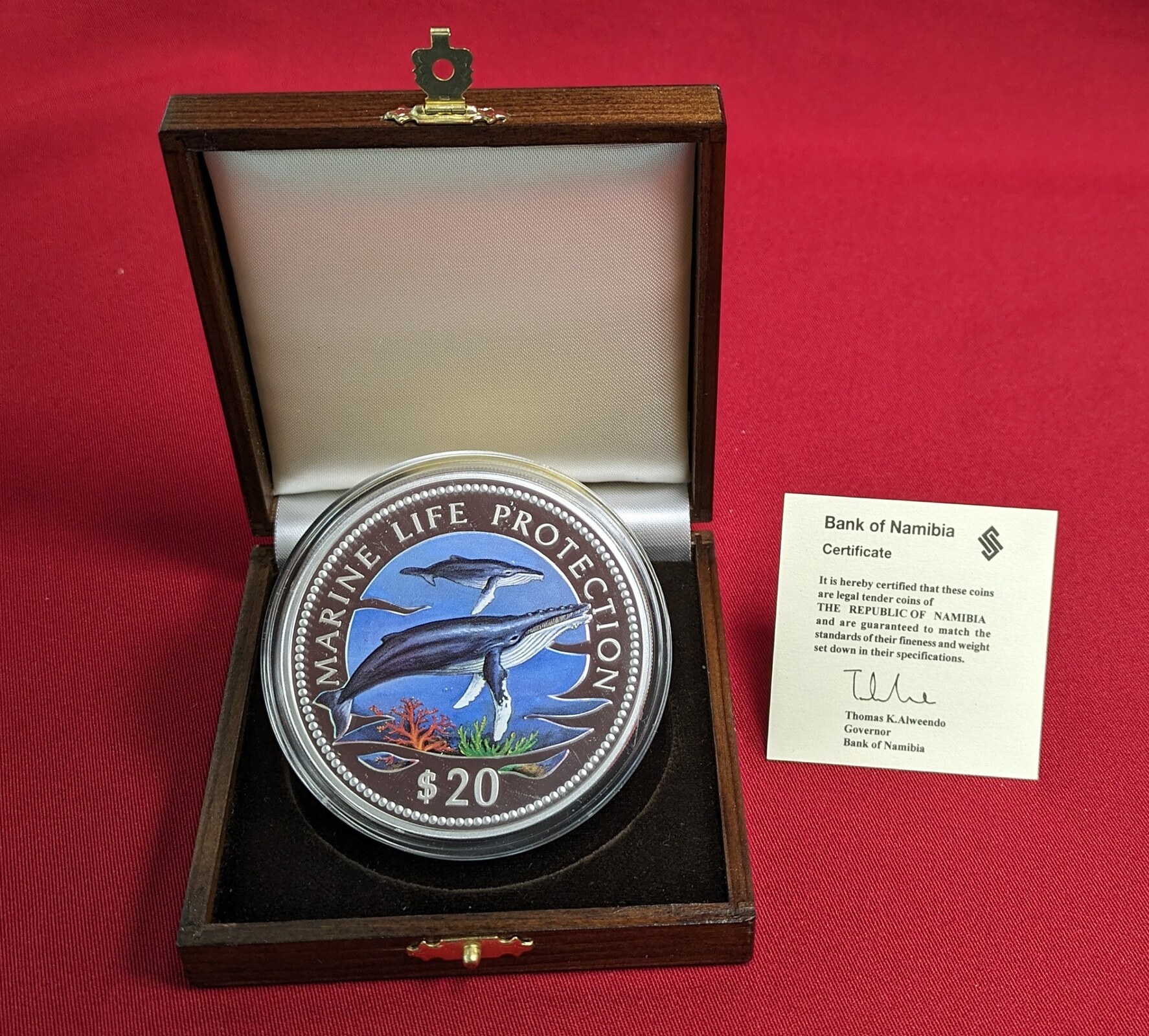 Namibia 20 Dollar Farbmünze - 5 oz Silver Proof Coin 1998 Marine Life Protection - Buckelwal ...