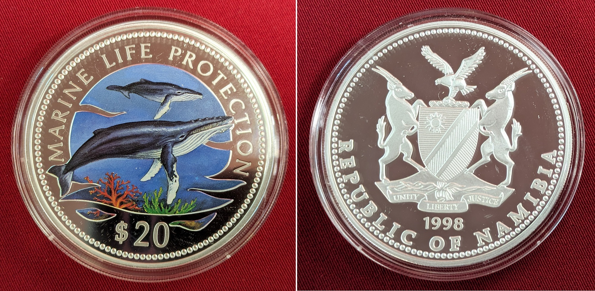 Namibia 20 Dollar Farbmünze - 5 oz Silver Proof Coin 1998 Marine Life Protection - Buckelwal ...