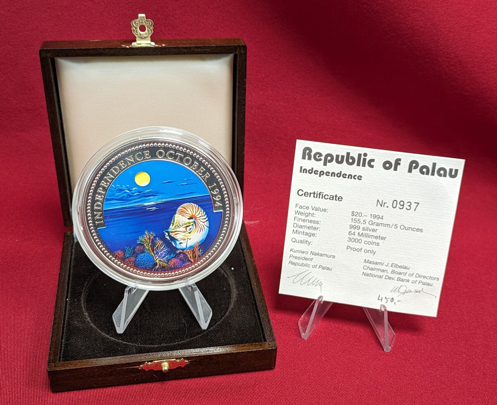 Palau 20 Dollar Silbermünze - 5 oz Silver Proof Coin 1994 Independence October Nautilus Marine ...