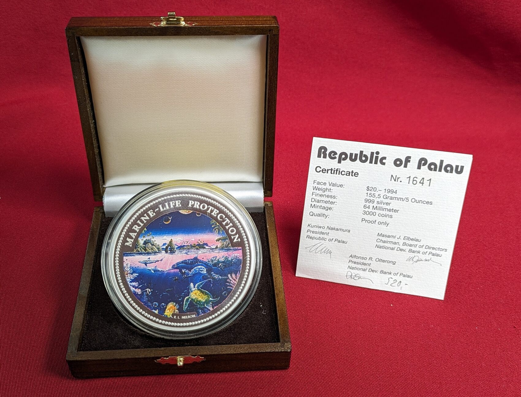 Palau 20 Dollar Silbermünze - 5 oz Silver Proof Coin 1994 Marine Life Protection - Orca, Haie ...