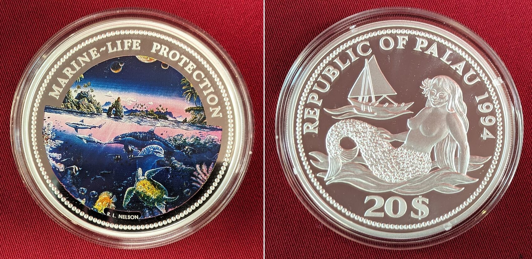 Palau 20 Dollar Silbermünze - 5 oz Silver Proof Coin 1994 Marine Life Protection - Orca, Haie ...