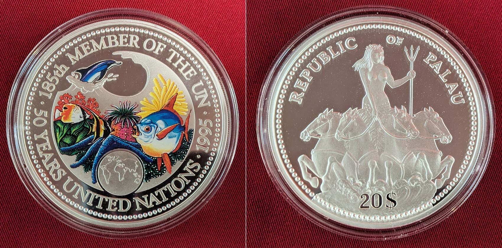 Palau 20 Dollar Silbermünze - 5 oz Silver Proof Coin 1995 Marine Life Protection - 50 Years ...