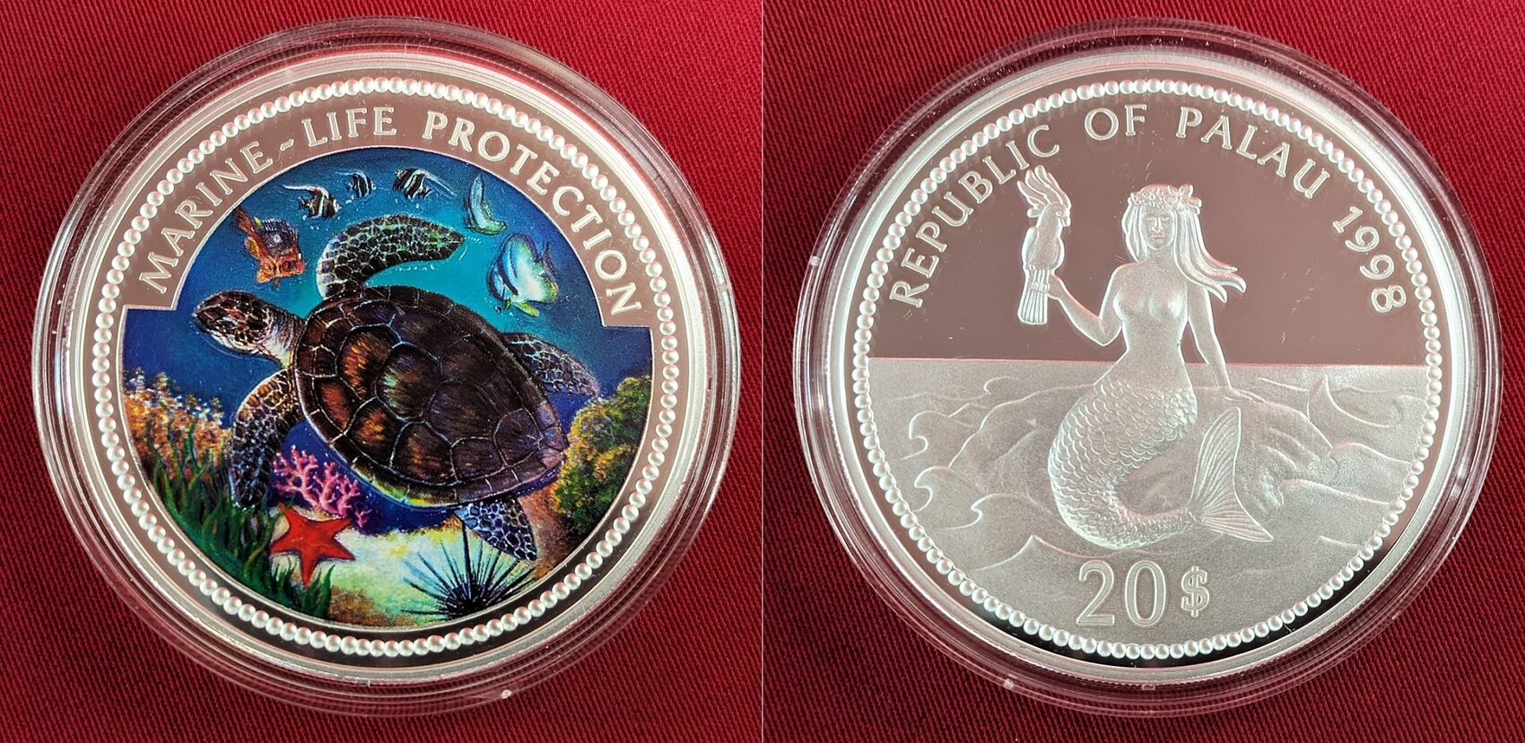 Palau 20 Dollar Silbermünze - 5 oz Silver Proof Coin 1998 Marine Life Protection - Meeres ...