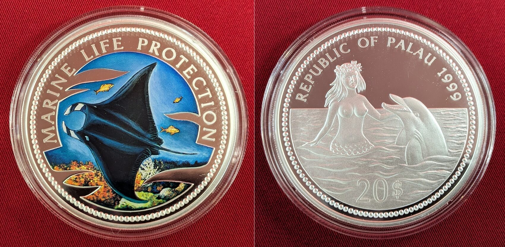 Palau 20 Dollar Silbermünze - 5 oz Silver Proof Coin 1999 Marine Life Protection - Manta Ray ...