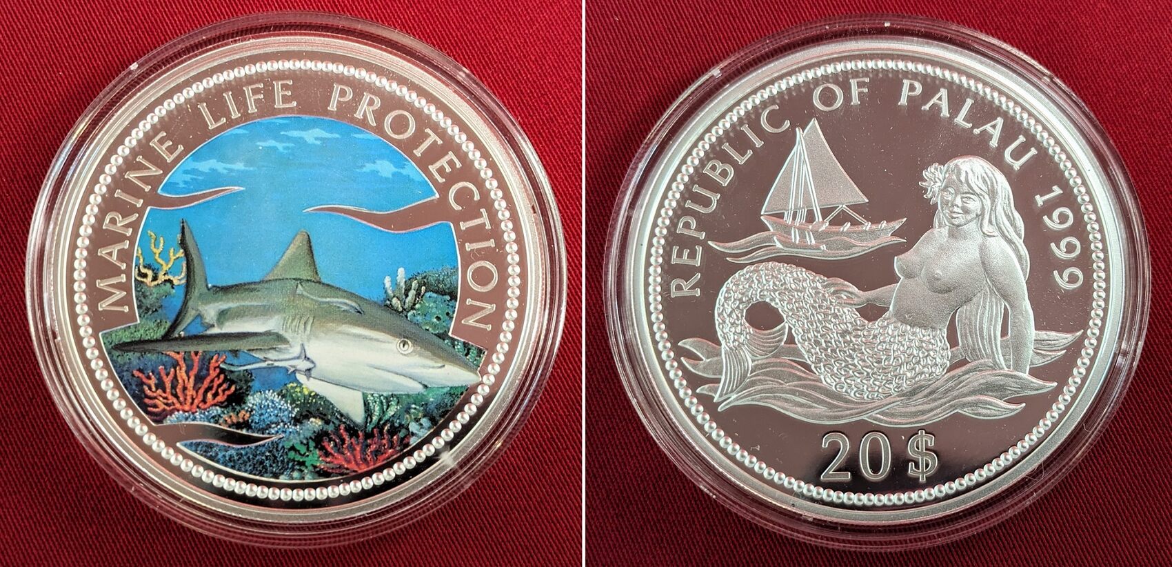 Palau 20 Dollar Silbermünze - 5 oz Silver Proof Coin 1999 Marine Life Protection - Shark - Hai ...