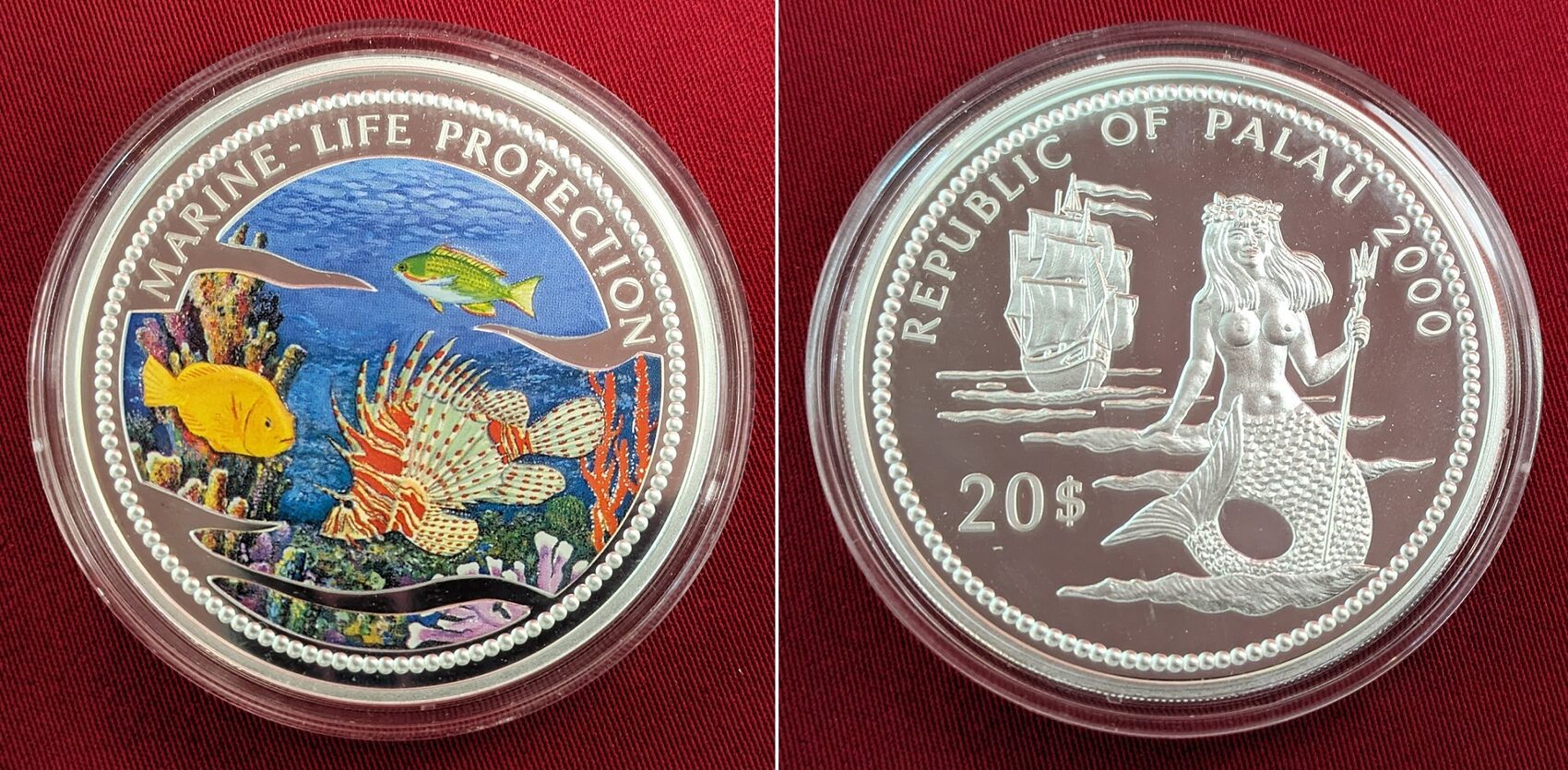 Palau 20 Dollar Silbermünze - 5 oz Silver Proof Coin 2000 Marine Life Protection - Feuerfisch ...