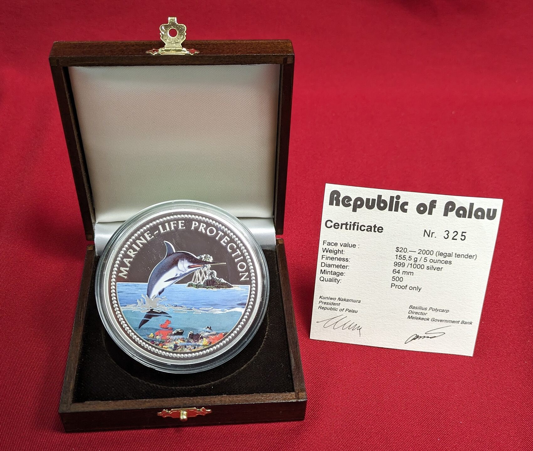 Palau 20 Dollar Silbermünze - 5 oz Silver Proof Coin 2000 Marine Life Protection - Blauer Marlin ...