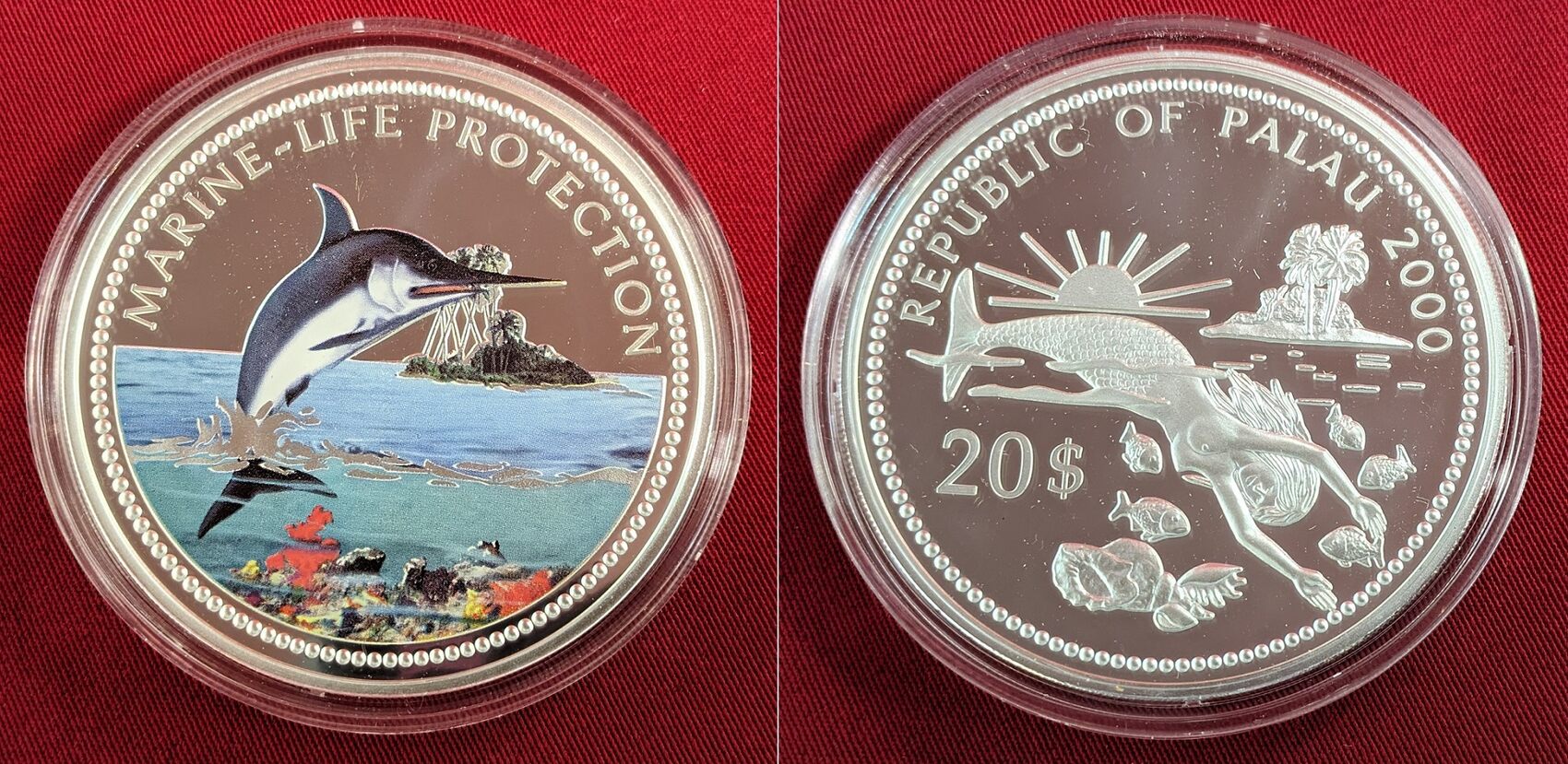 Palau 20 Dollar Silbermünze - 5 oz Silver Proof Coin 2000 Marine Life Protection - Blauer Marlin ...