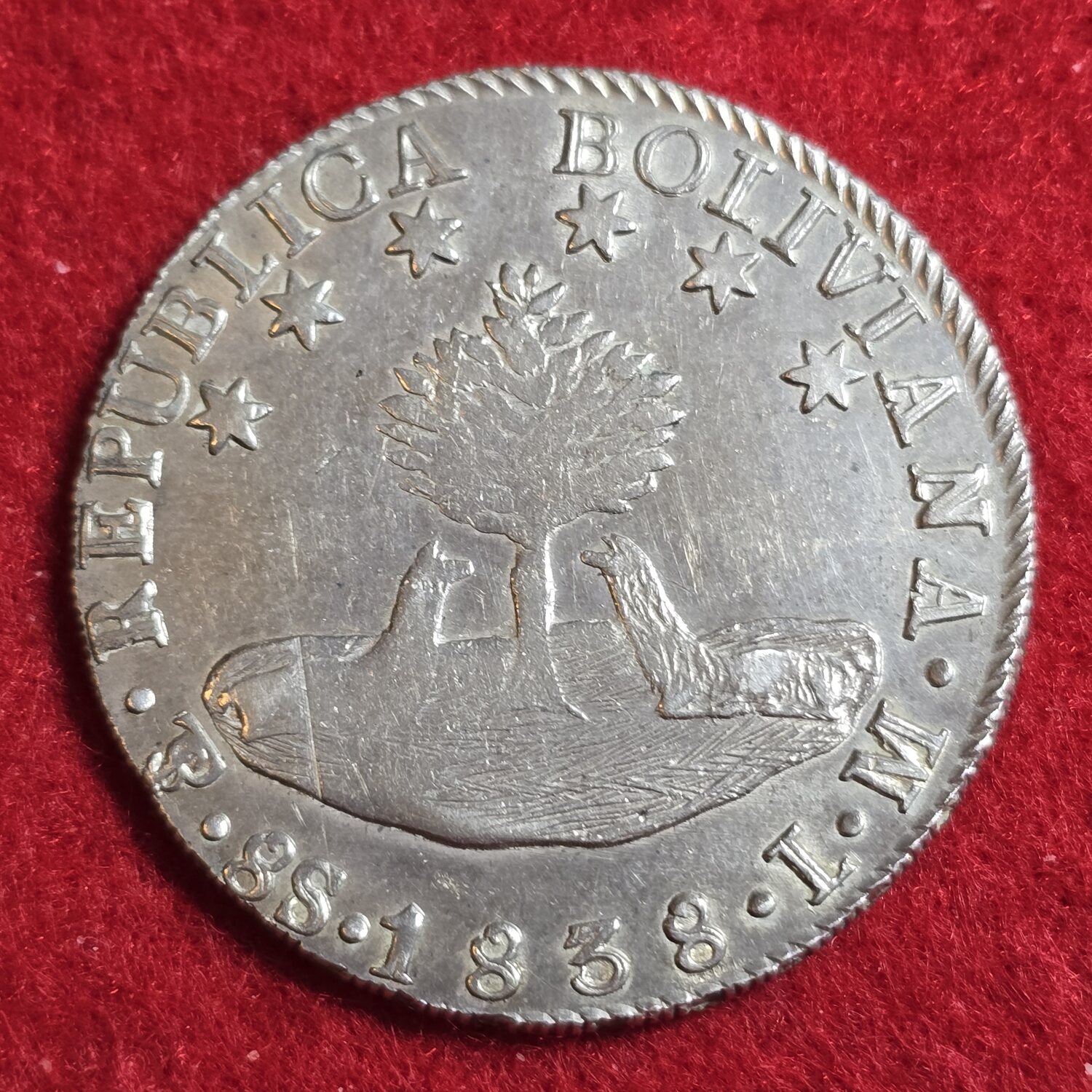 Bolivia Bolivien 8 Soles 1838 PTS LM Simon Bolivar Low AU cleaned weakly struck | MA-Shops