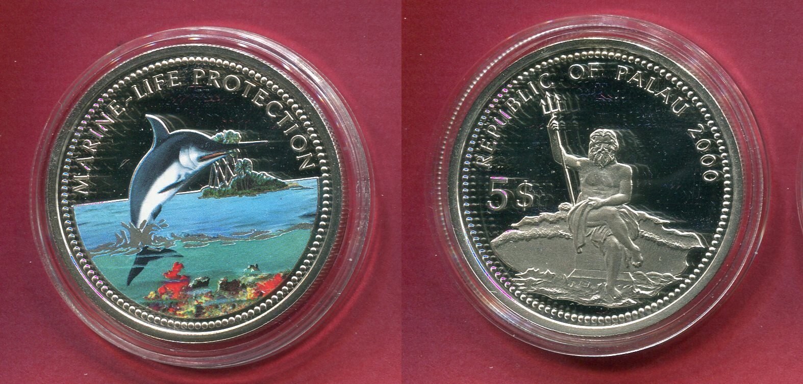 Palau 5 Dollars Silbermünze mit Farbauflage 2000 Schutz der Meeresfauna - Blauer Merlin proof in ...