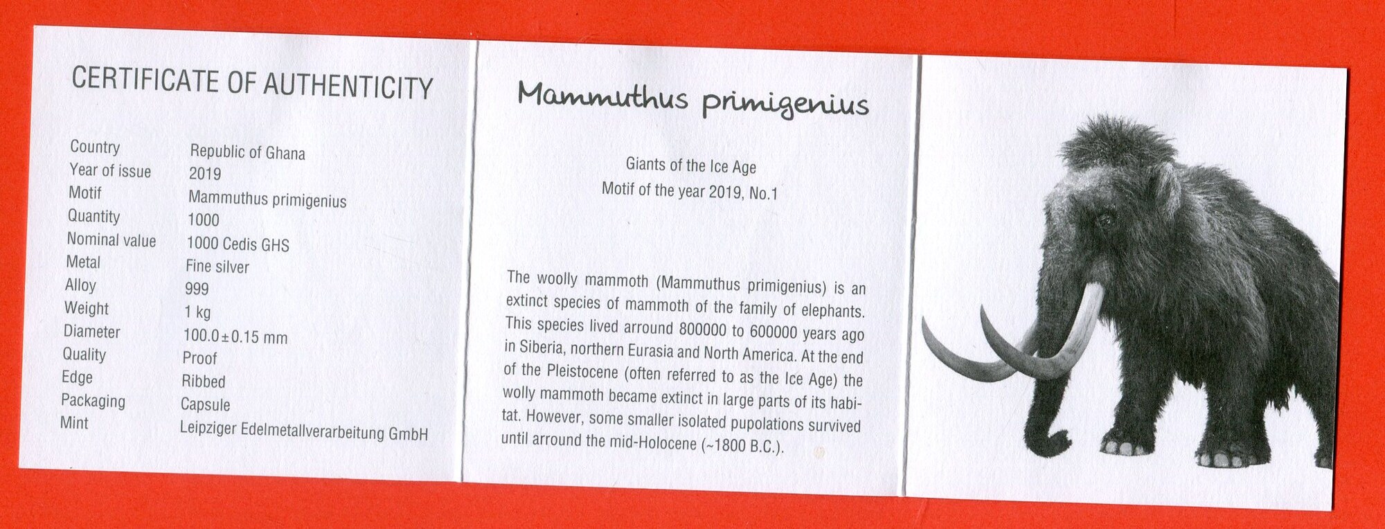 Ghana 1000 Cedis Silber 2019 Wooly Mammoth Mammuthus Primigenius Mammut ...