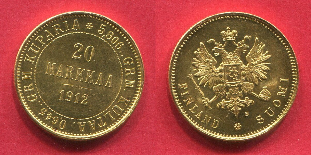 Finland, Finnland, Russland 20 Markkaa Gold 1912 Nikolaus Nicholas II. von Russland Russia USA ...