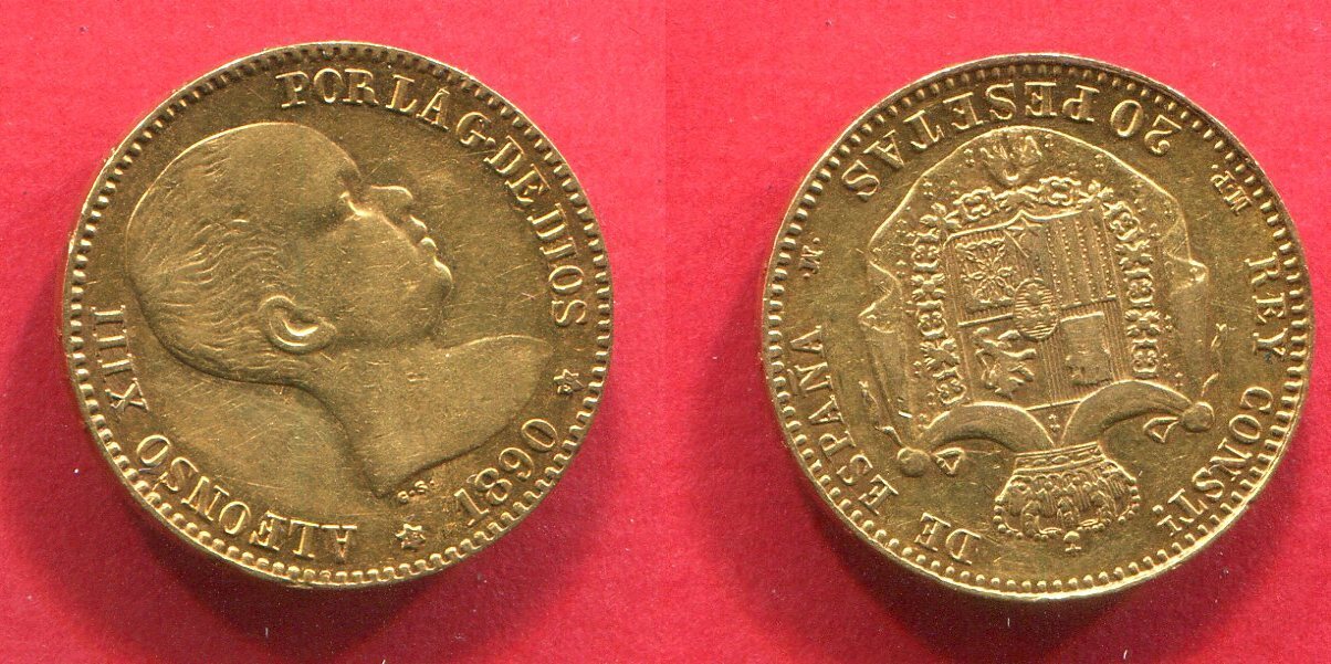 Spanien Spain 20 Pesetas 1890 Alfonso XIII. 1. Portrait AU gold toned ...