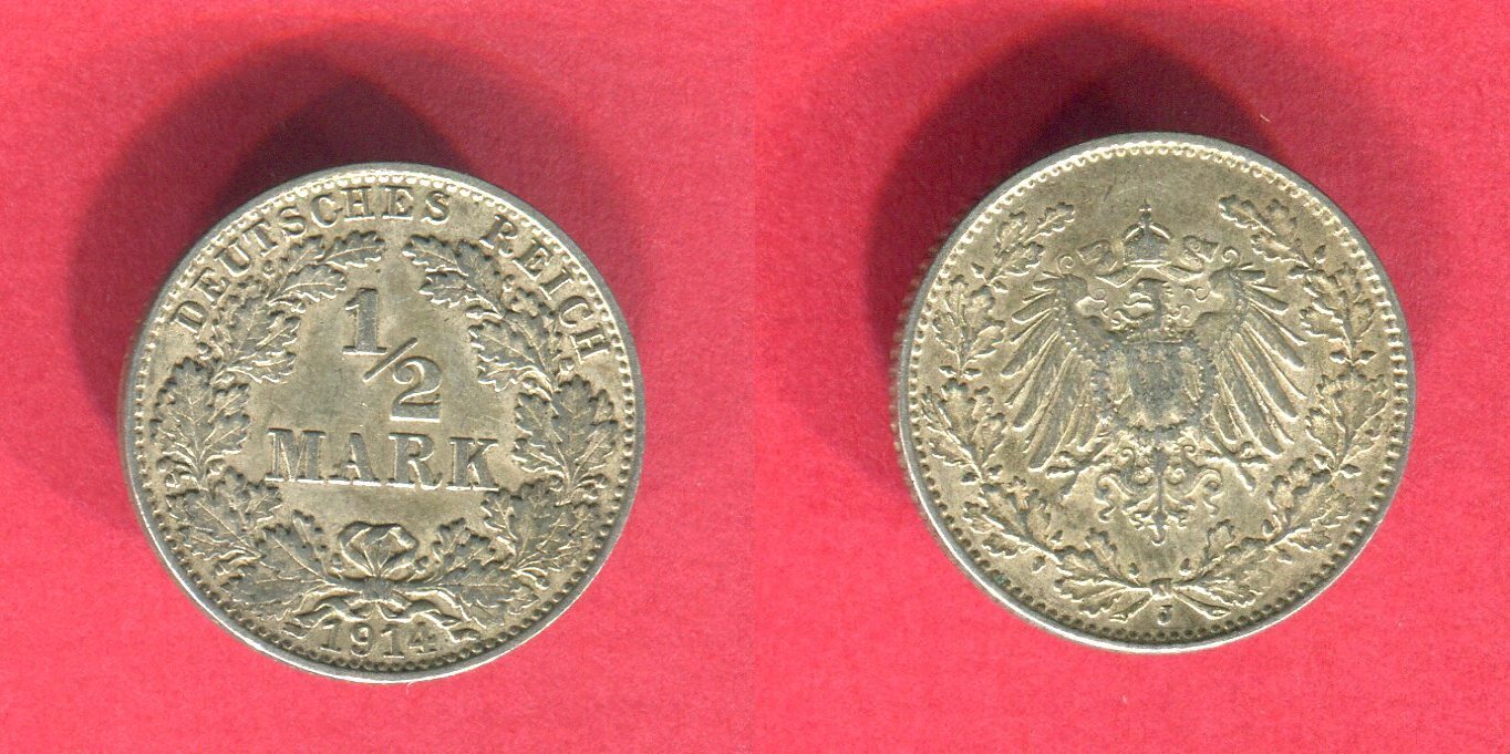 Deutsches Reich 1/2 Mark 1914 J Halbe Mark fast prägefrisch nicht ...