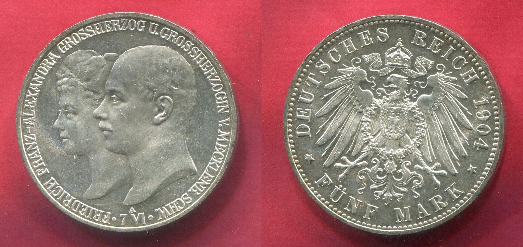 Mecklenburg Schwerin 5 Mark Silbermünze 1904 Friedrich Franz IV. Hochzeit mit Alexandra unc not ...