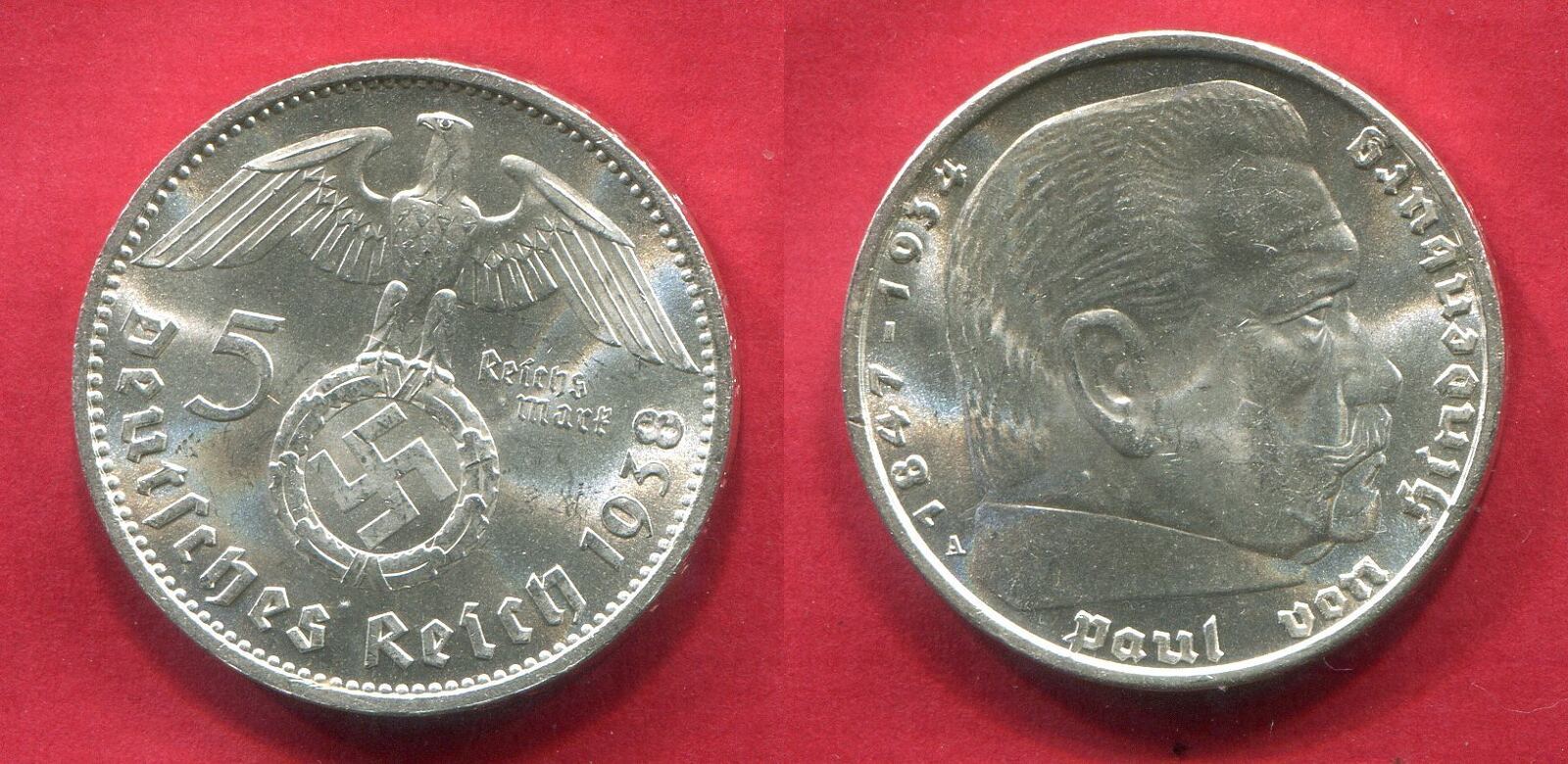 Germany Deutschland 1933-1945 5 Mark Reichsmark 1938 A Hindenburg mit ...