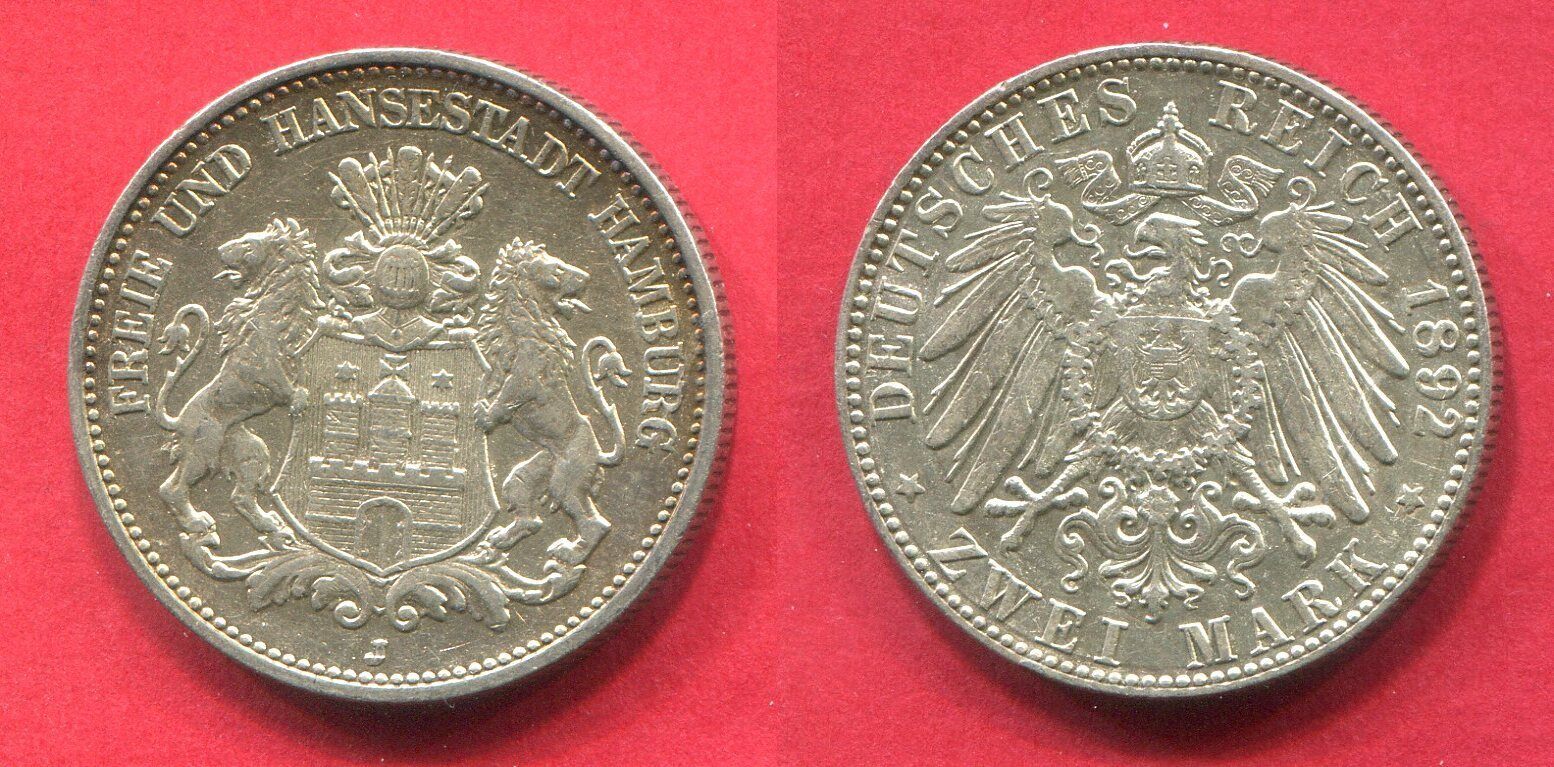 Deutschland Kaiserreich Germany Hamburg 2 Mark 1892 J Stadtwappen ...