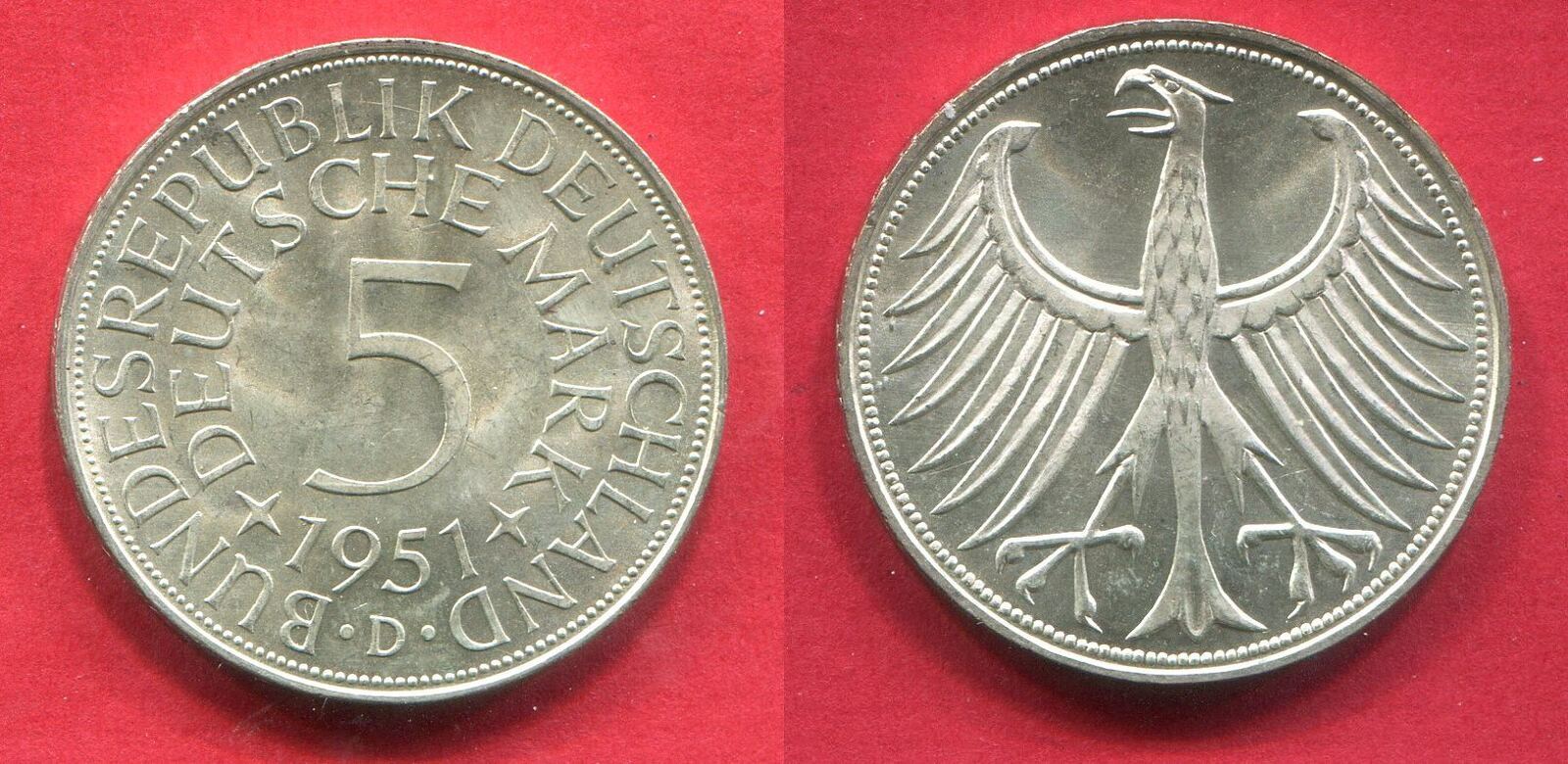 Deutschland, BRD 5 DM Kursmünze 1951 D Silberadler - Fünf Mark USA unc ...