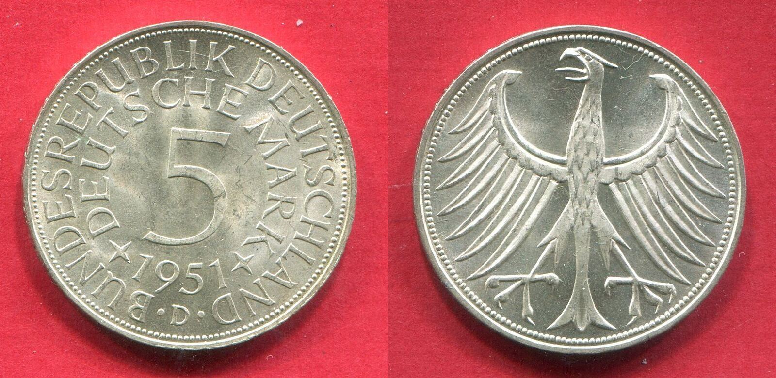 Deutschland, BRD 5 DM Kursmünze 1951 D Silberadler - Fünf Mark USA unc ...