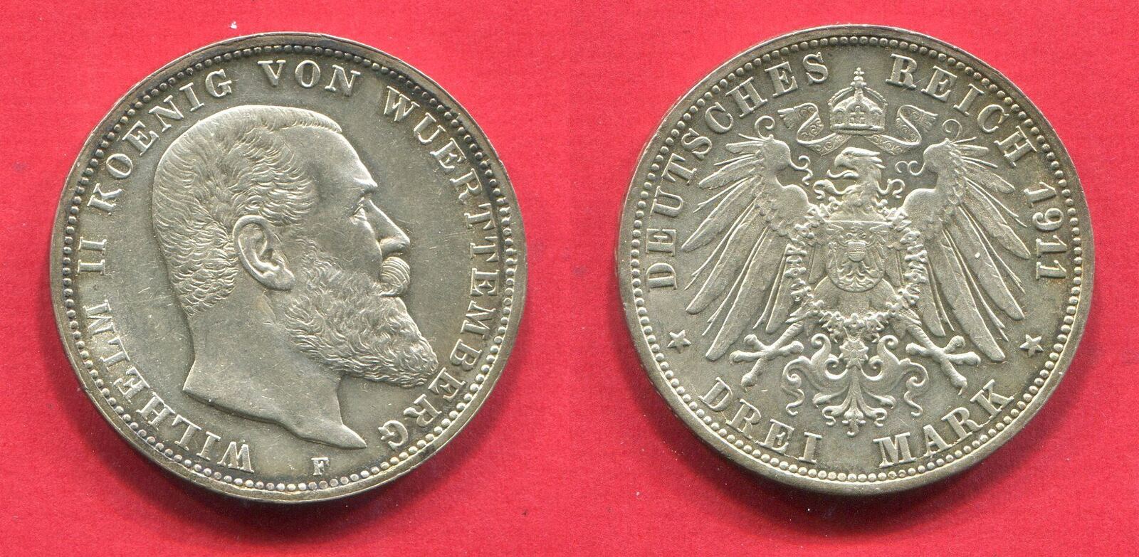 Württemberg Kaiserreich Deutschland Germany 3 Mark 1911 F König Wilhelm ...
