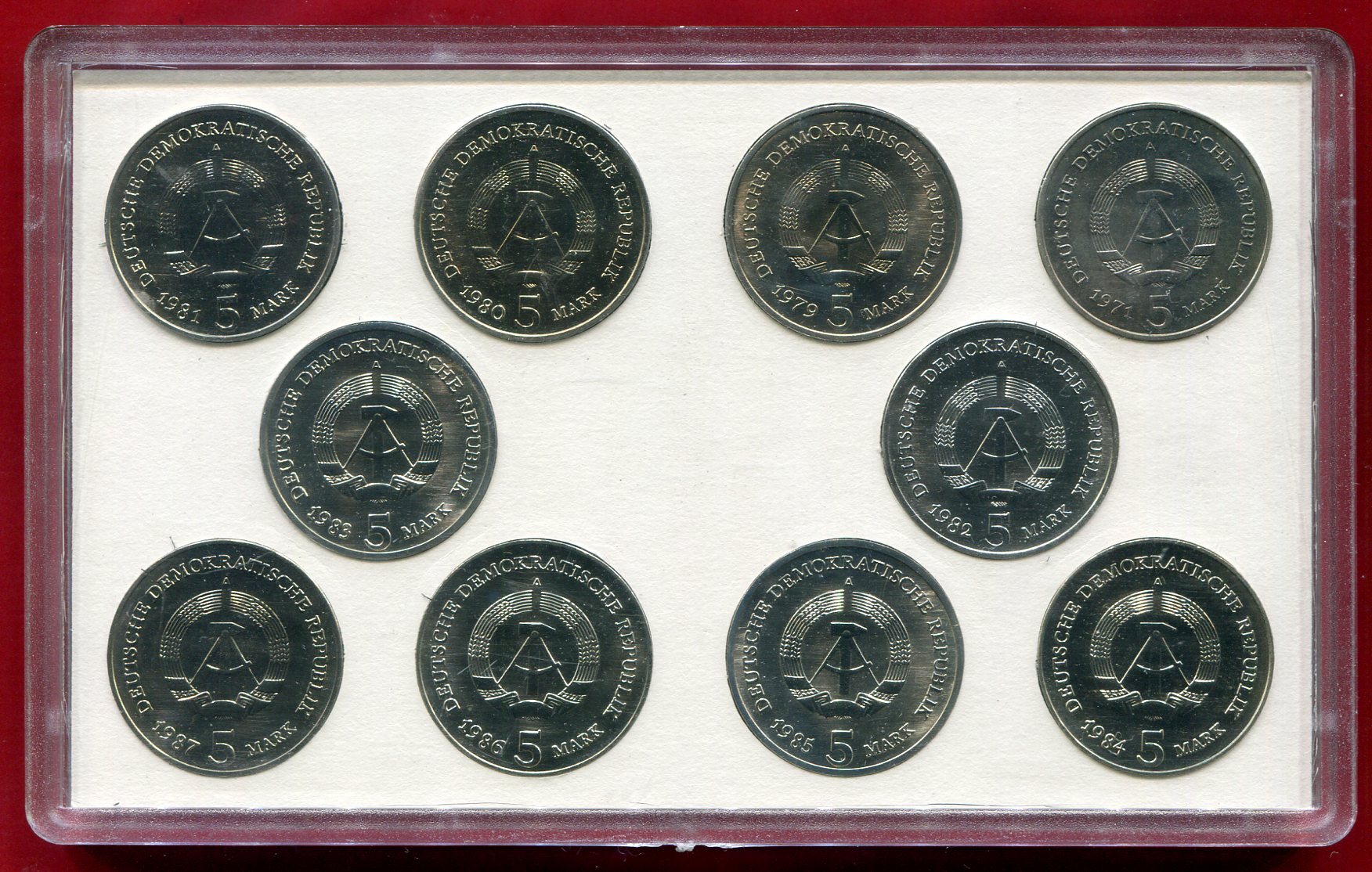 DDR, GDR Eastern Germany Satz 10 x 5 Mark 1971-1987 Brandenburger Tor ...