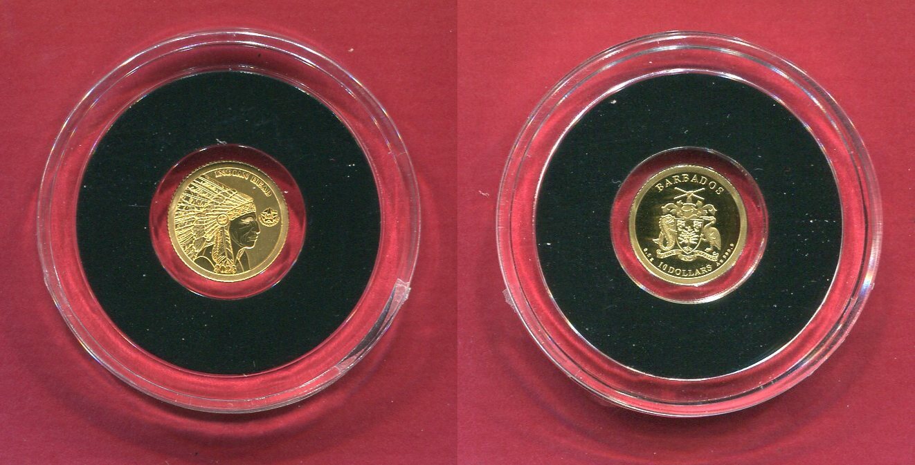 Barbados 10 Dollars Minigoldmünze 2023 Indian Head proof in capsule ...