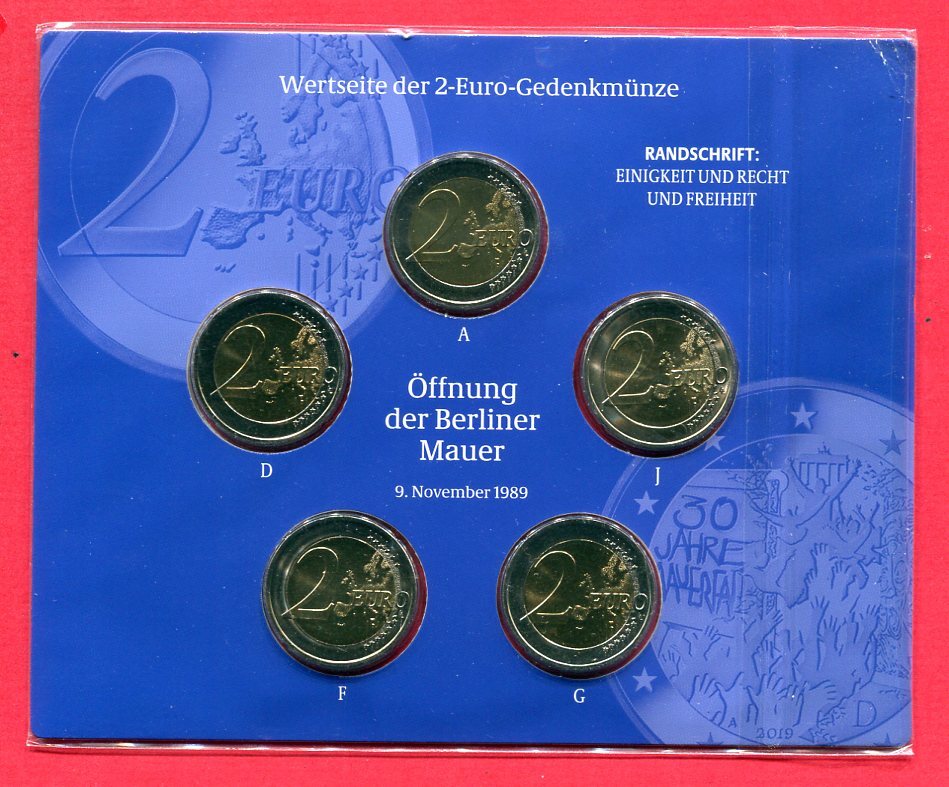 BRD 5 x 2 Euro Gedenkmünzen 2019 A,D,F,G,J 30 Jahre Mauerfall BU with ...
