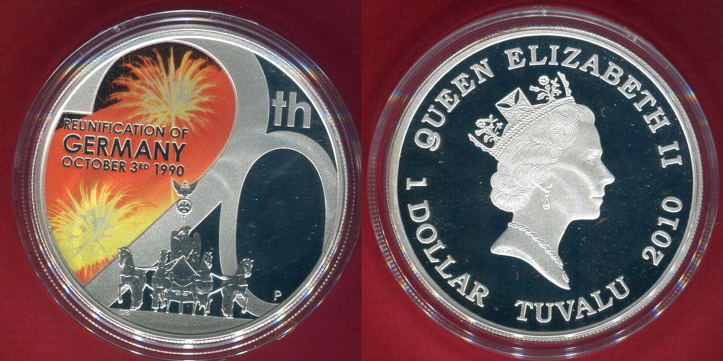 Tuvalu 1 Dollar Silbermünze 1 Unze mit Farbauflage 2010 Reunification of Germany PP in Kapsel ...