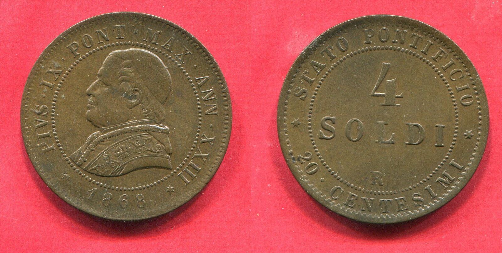 Vatikan Vatican Kirchenstaat Papal State 4 Soldi 1868 An XIII Papst Pius IX. Päpstliche Staaten ...
