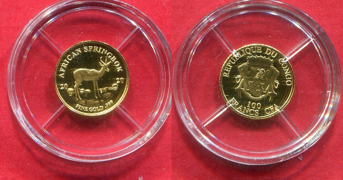 Republik Kongo Congo 100 Francs CFA Gold 1/3 g 2020 Golden Animals ...