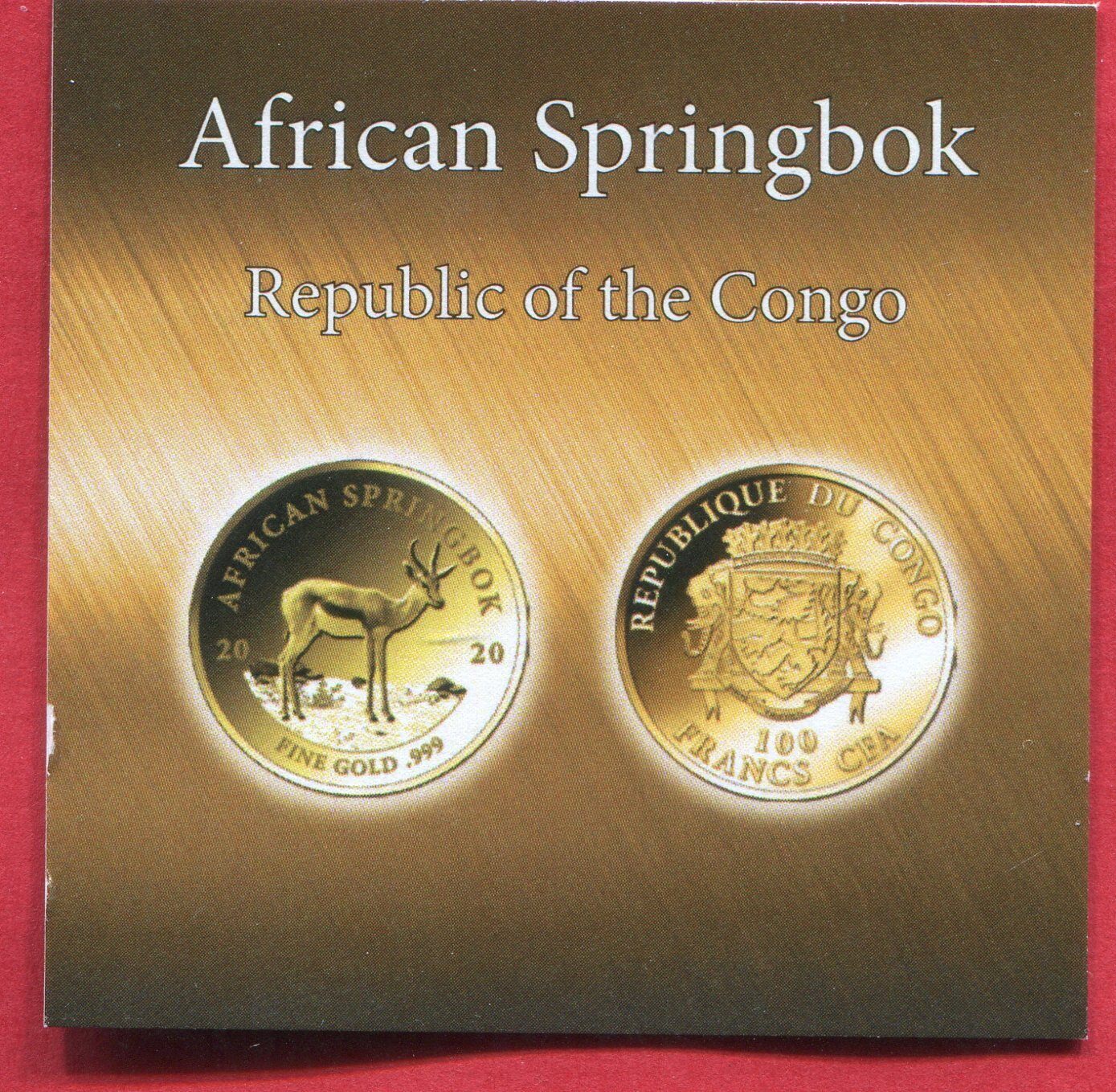 Republik Kongo Congo 100 Francs CFA Gold 1/3 g 2020 Golden Animals African Springbok Springbock ...