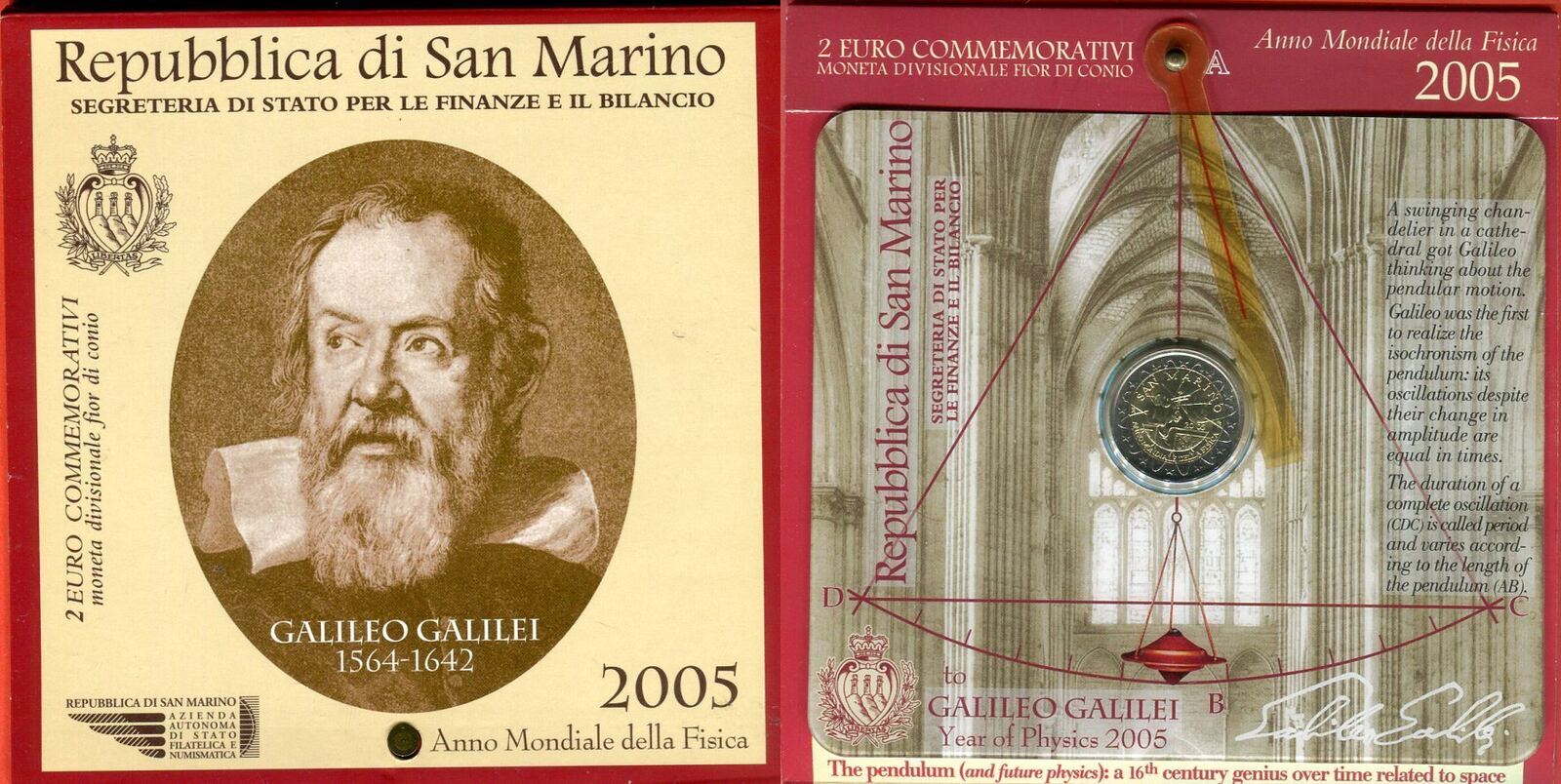 San Marino 2 Euro Gedenkmünze 2005 Galileo Galilei OVP mit gebrochenem ...