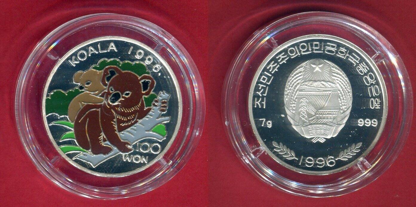 Korea, Nord-Korea 100 WON Farbmünze 1996 Koala PP in Kapsel, teilweise ...