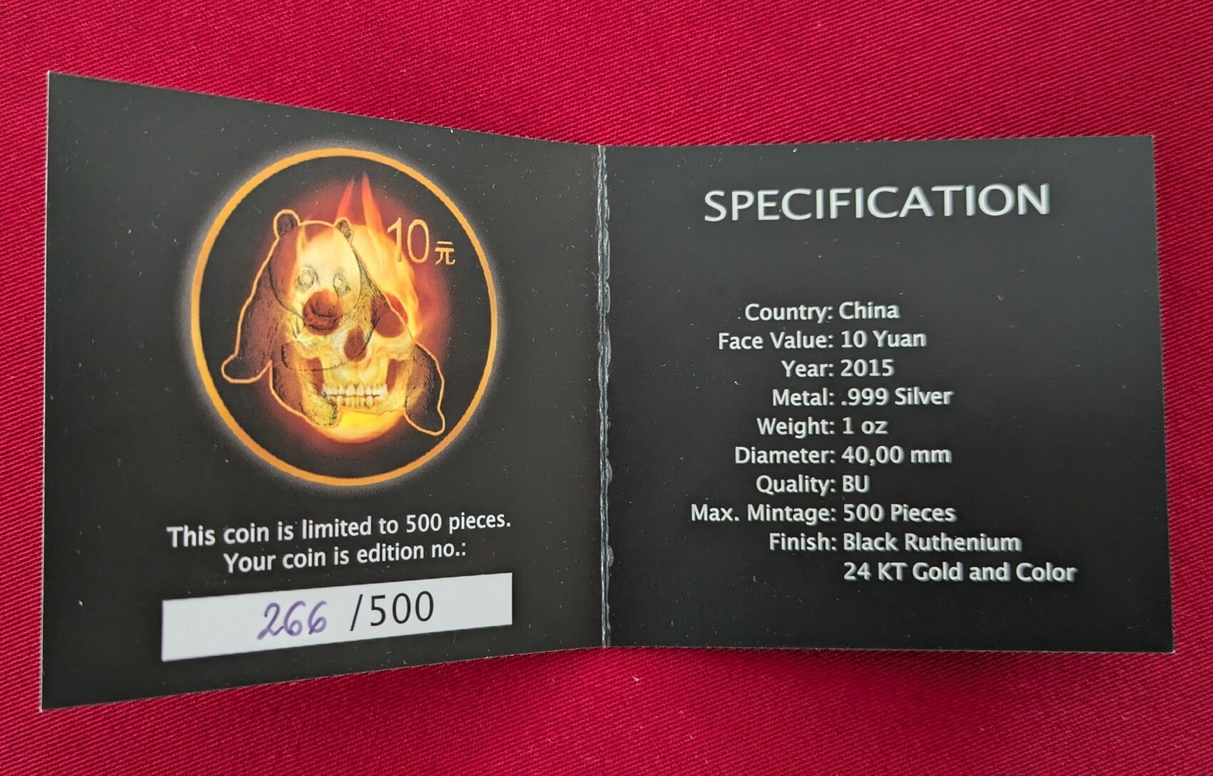 China 10 Yuan Silbermünze 2015 Burning Panda Skull - Black Ruthenium 24 ...