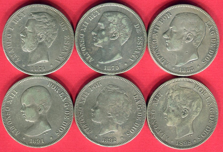 Spanien 6 x 5 Pesetas Silber 1871 - 1898 Pesetas Silber Lot lot, see ...