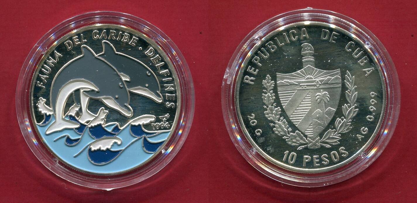 Kuba 10 Pesos Silbermünze (teilcoloriert) 1994 Fauna der Karibik - Delfin proof in capsule | MA ...