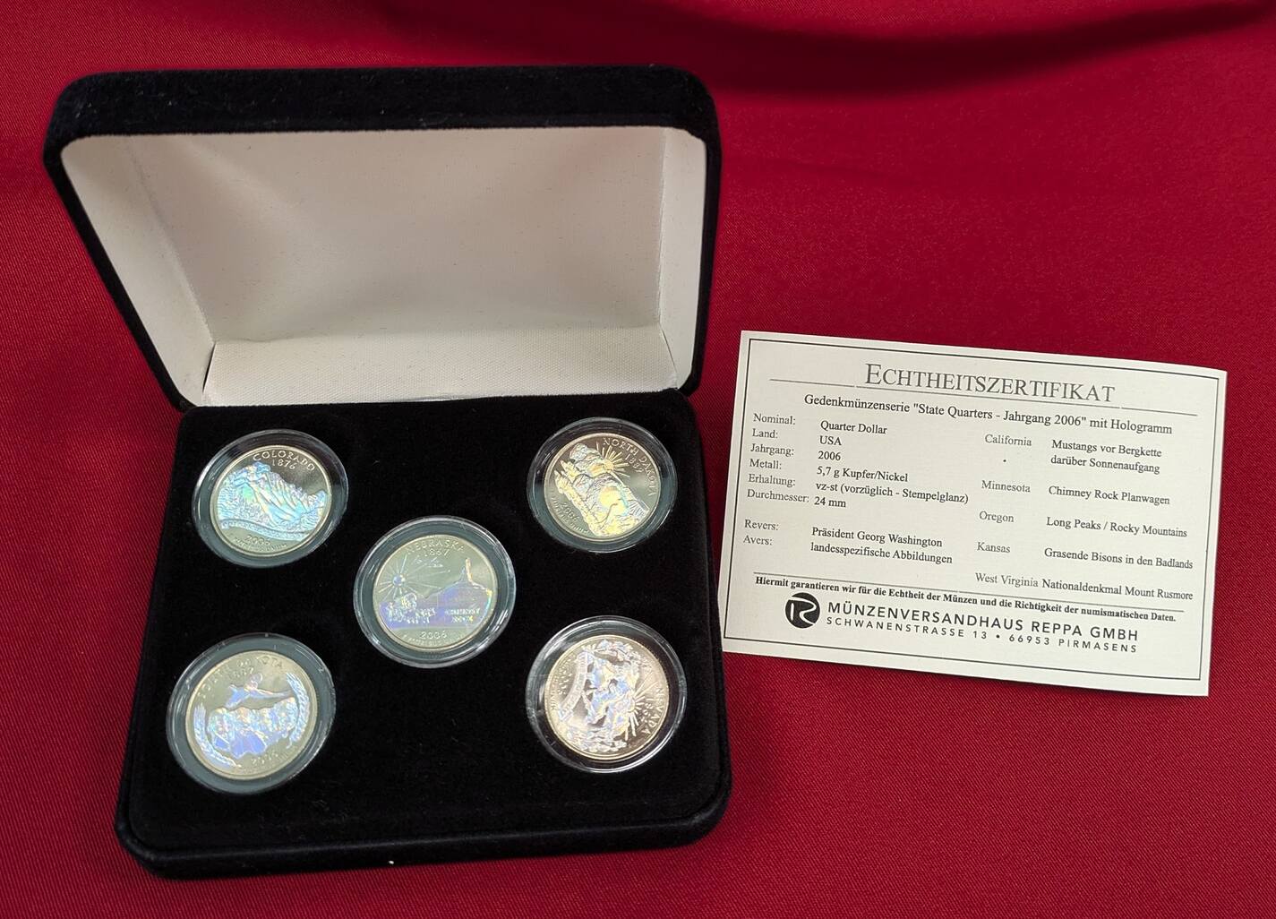 USA 5 x State Quarters Hologramm Applikation 2006 BU coins with box ...