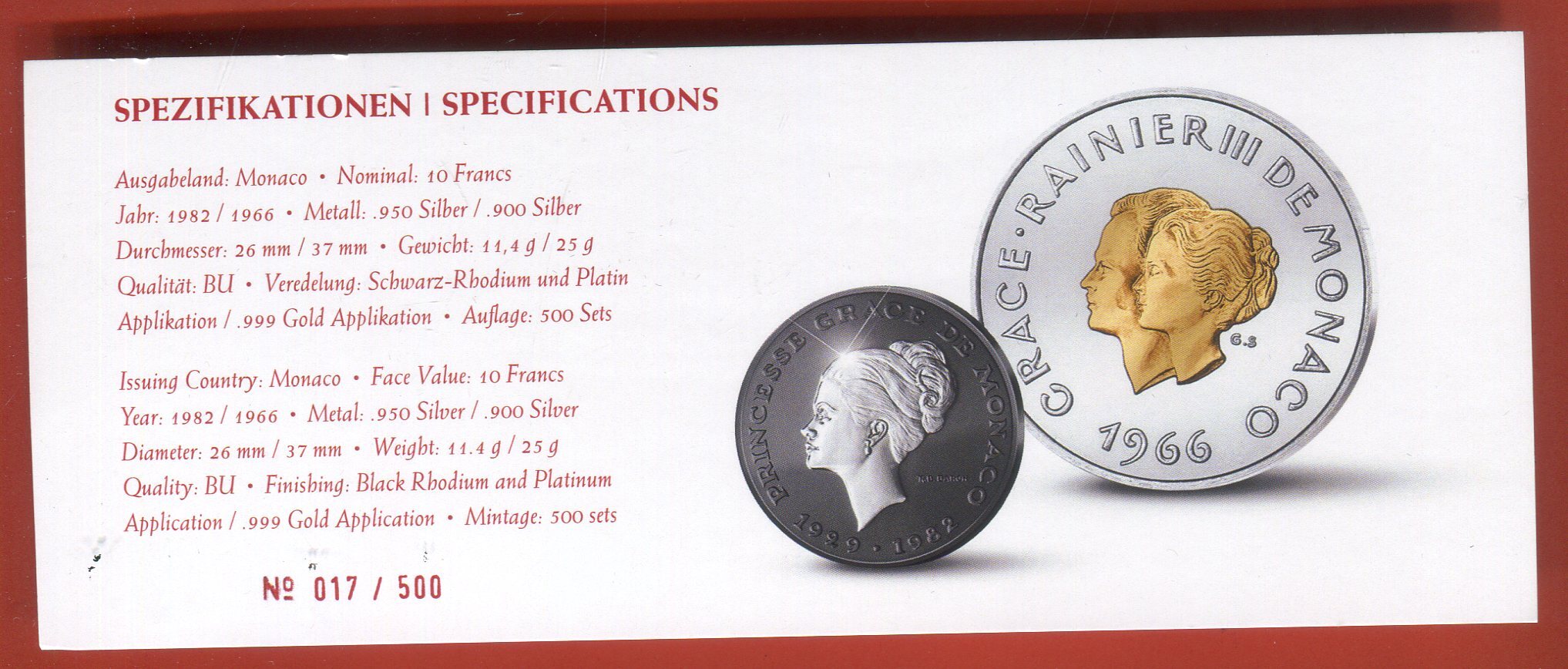 2 x 10 Francs Silbermünzen 1966 Princess Grace of Monaco Silver ...