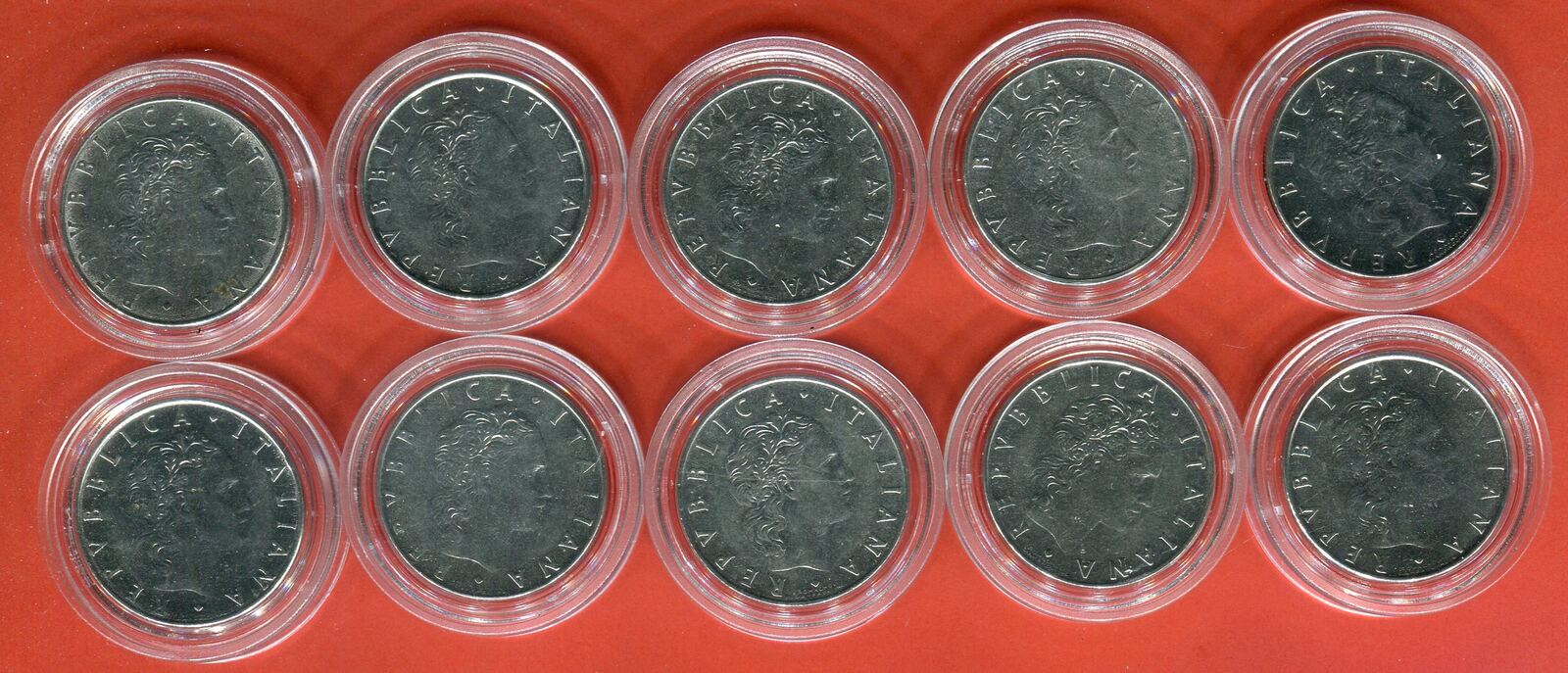 Italien 10 x 50 Lire Kursmünzen mit Farbauflage ohne Jahr Das Leben und die Resignation von ...