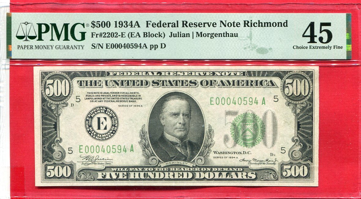 USA 500 Dollar Banknote Series of 1934 Mc. Kinley Richmond Federal ...