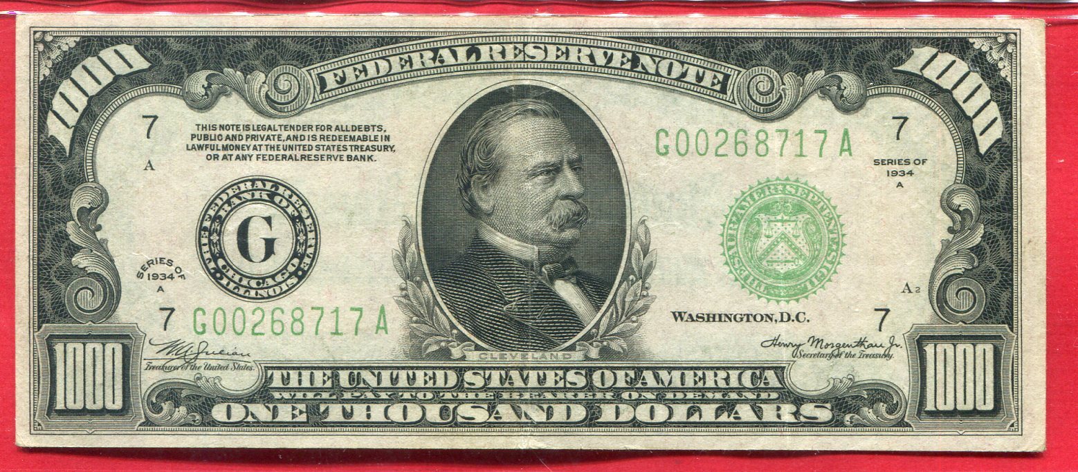 USA 1000 Dollars Series of 1934 Pres. Cleveland Chicago Federal Reserve ...