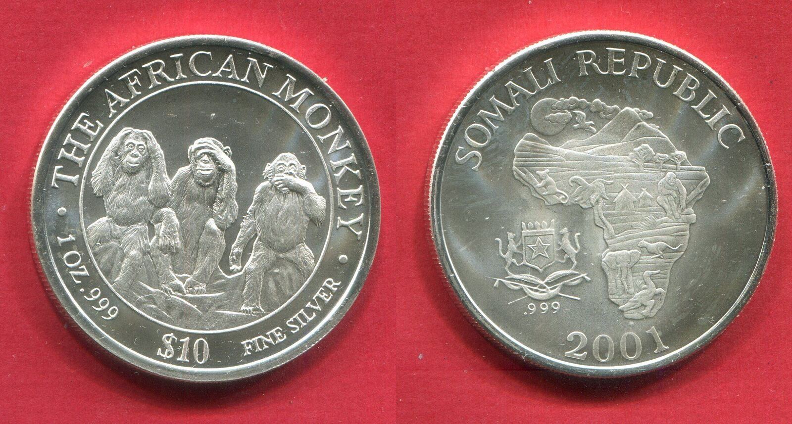 Somalia Somali Republic 10 Dollars 2001 Affe The African Monkey USA BU ...