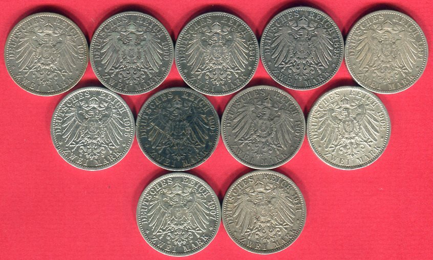 Preußen Deutsches Reich 11 x 2 Mark 1891-1911 Kaiser Wilhelm II. - Lot ...