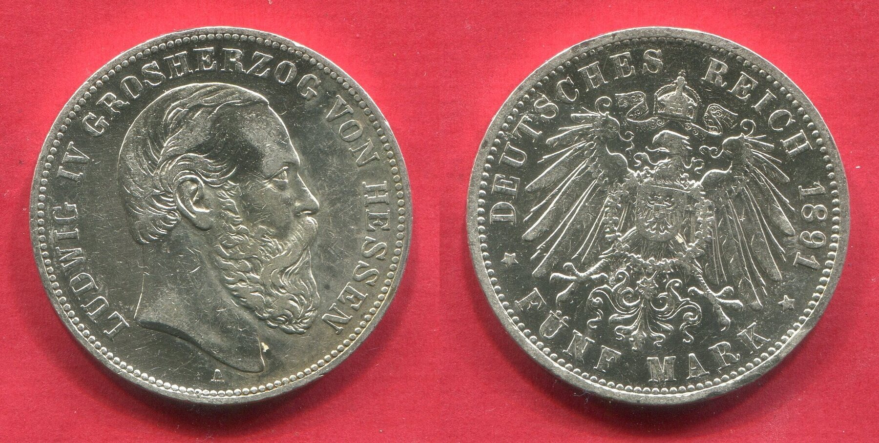 Deutschland Germany Kaiserreich Hessen 5 Mark 1891 Ludwig IV. 1877 - 1892 USA EF AU scratches ...