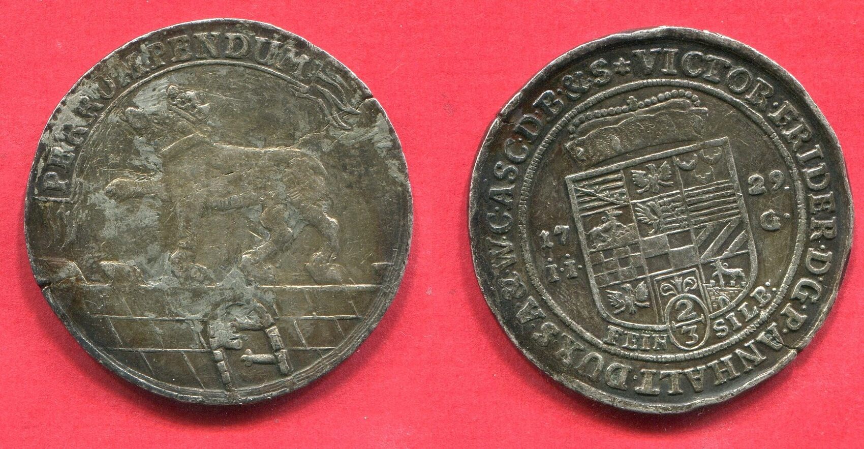 Anahalt Bernburg 2/3 Taler 1729 I I G Victor Friedrich f/Vf corrosion ...