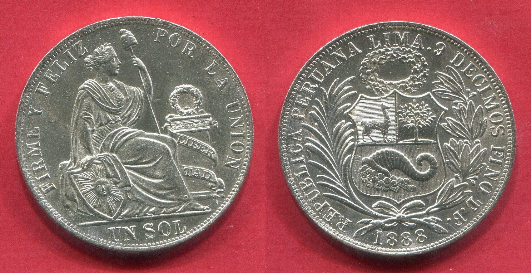 1 Sol / Un Sol 1888 Republica Peruana Lima. 9 Decimos Fino T.F. Unc ...