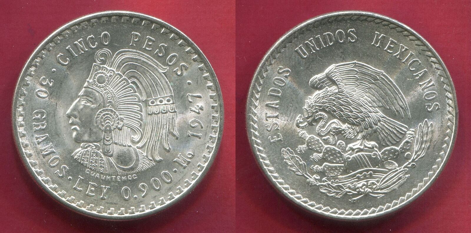 Mexiko Mexico 5 Pesos Silber 1947 Aztec Emperor Cuauhtemoc Der letzte ...